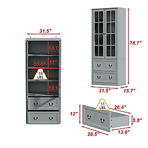 Homsee 78.7" H Bookcase Bookshelf with 4-Tier Shelves, 2 Drawers & 2 Glass Doors, Wooden Display Storage Cabinet for Home Office, Living Room, Green Grey
