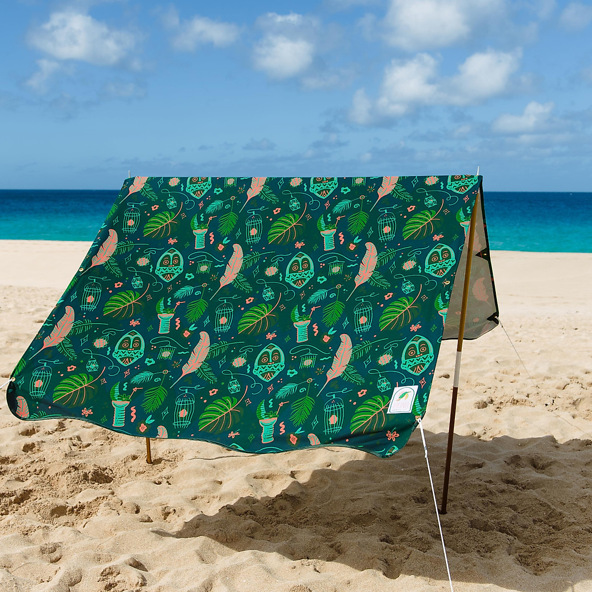 Moku Beach Co UPF 50+ Portable Beach Canopy Tent Set - 3-Step Assembly, Jungala Print - Includes Bag, Poles, Stakes & Hammer - Ideal Sun Shade for Beach, Easy and Convenient