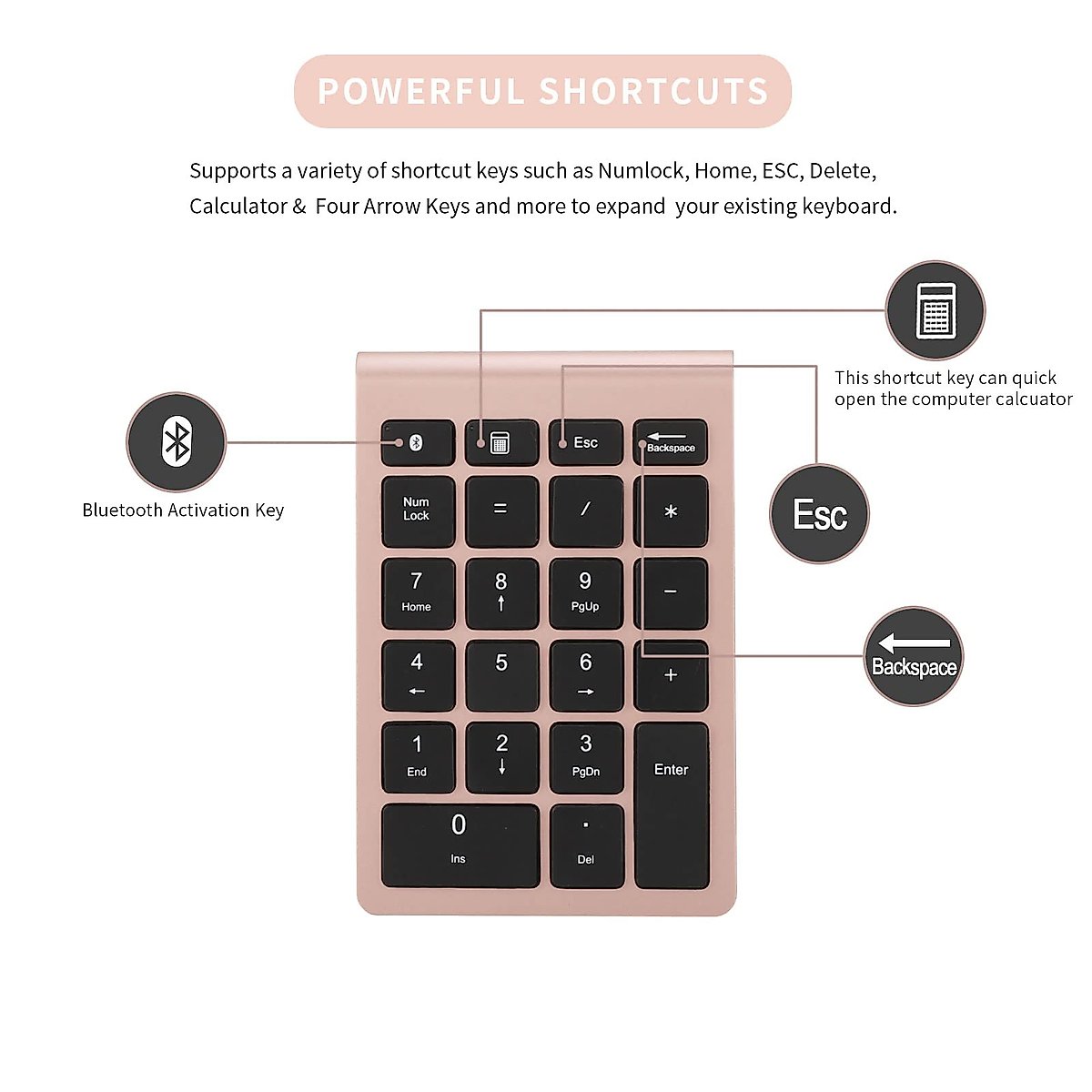 Jopwkuin Bluetooth Number Pad, 22 Keys Number Keypad with Shortcut Key, 10Keys Portable Financial Accounting Number Pad, Bluetooth 5.0 Numeric Keyboard for Laptop, PC, Desktop, Pad(Rose