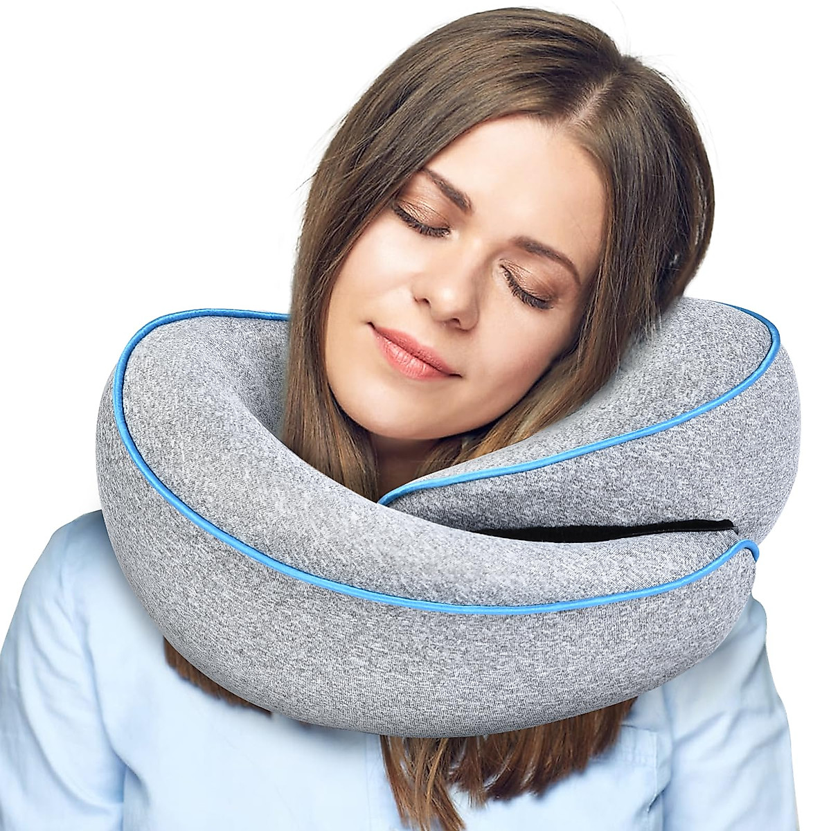 Cozary Travel Neck Pillow Portable Soft Memory Foam Neck Support Travel Pillow U Shape Supportive Adjustable Neck Pillows with Skin Friendly Breathable Cover for Travel Office Car Bus Plane Grey