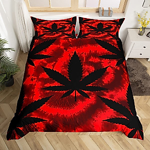 Cannabis Leaves Duvet Cover Queen Size Red Black Tie Dye Vintage Hohemia Bedspread with Ties for Teens AdultsMarijuana Weed Leaf Bedding Comforter Sets 3 Pieces Decorative Bed Cover,No Comforter