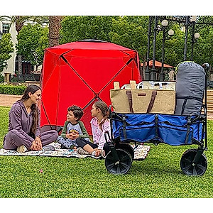Beach Wagon Folding with Large Sand Wheels Heavy Duty Collapsible Cart with Patent Pending Beach Chair Holder Great for Ocean, Camping and Fishing – Solid Blue Color