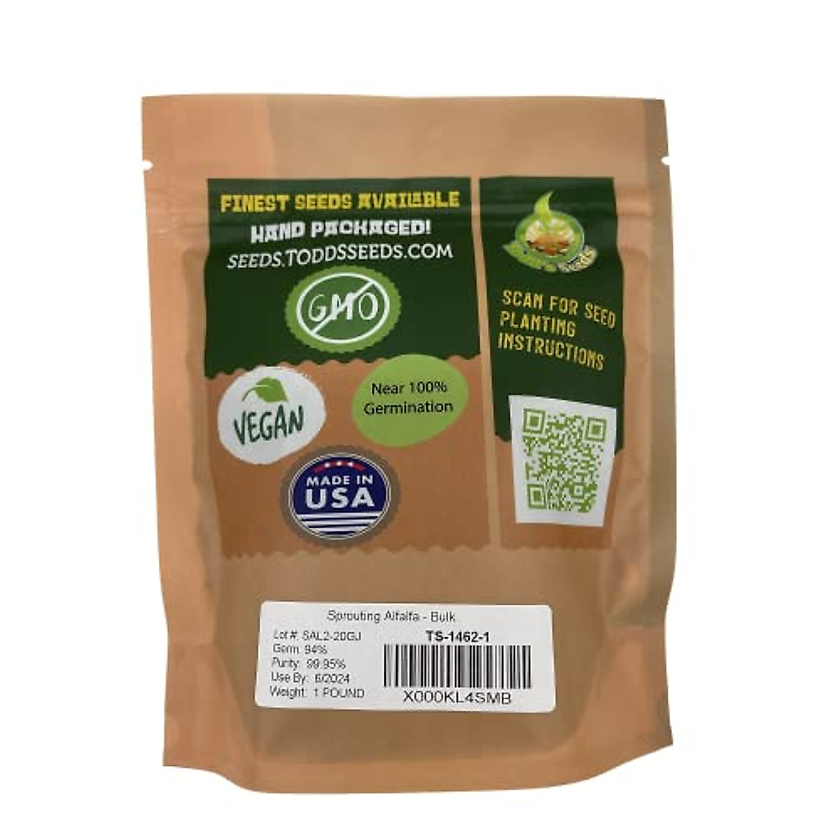 Todd’s Seeds - Alfalfa Sprouting Seeds - 1 Pound Bulk Alfalfa Seeds - Fast Growing Seeds with High Sprout Germination