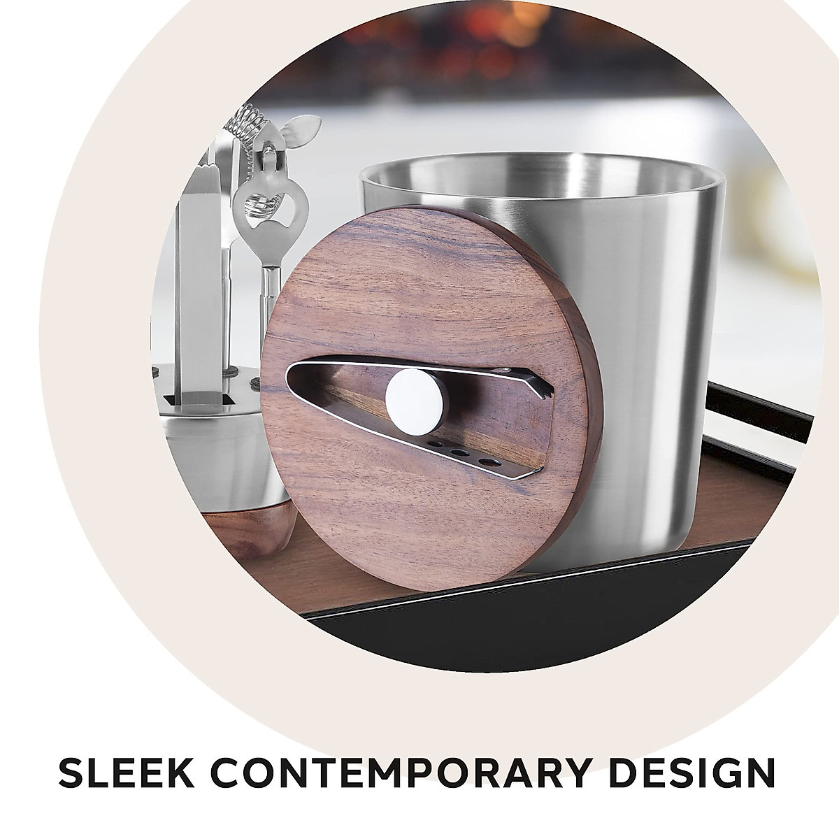 OGGI Modernist Satin Stainless Steel Ice Bucket- 2.3 Lt (2.5 Qt), Includes Acacia Wood Lid & Ice Tongs; Ideal as Bar Accessories, Champagne Bucket, Drink Chiller, Ice Bucket for Cocktail Bar