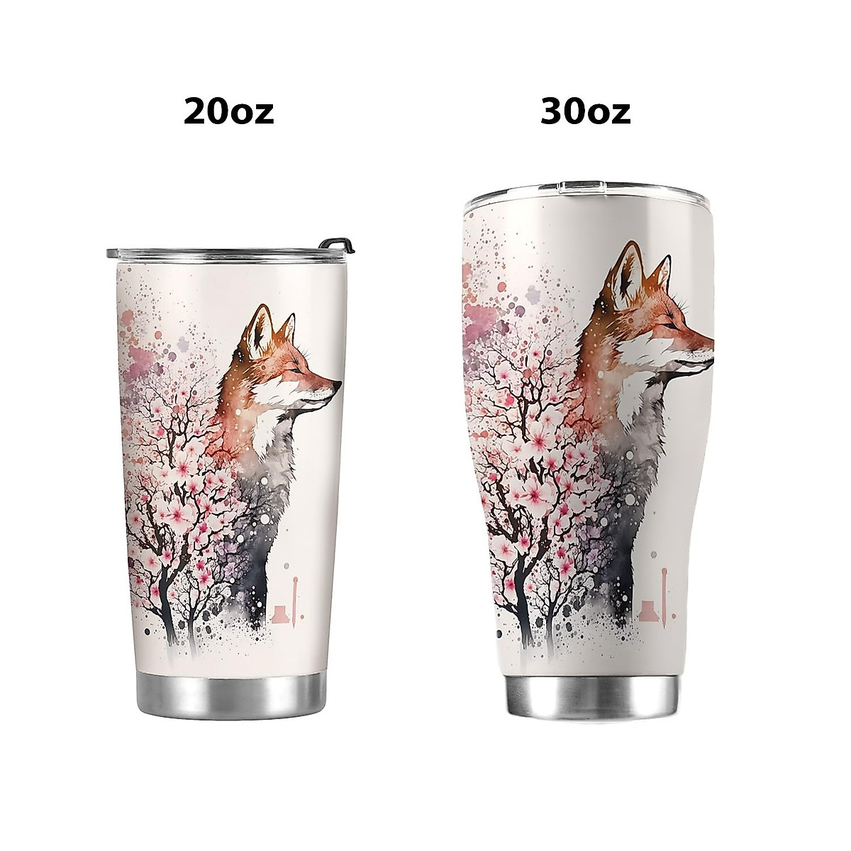 ORCAE Personalized 20oz 30oz Cherry Blossom Fox Tumber, Fox Gifts for Fox Lovers, Coffee Thermos for Women, Fox Tumbler Cup, Stainless Steel Coffee Thermos Insulated Travel Mug with Lid - D