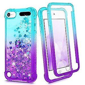 Ruky for iPod Touch 7th 6th 5th Generation Case, iPod Touch 5 6 7 Full Body Glitter Case Shockproof Protective Girls Bling Liquid Floating Case (Teal Purple)