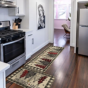 ARKENY Merry Christmas Kitchen Rugs Set of 2 ， Red Xmas Tree Floor Mat,Farmhouse Style Kitchen Decorations for Door Mats- 17x29 and 17x47 Inch AKM001