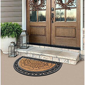 A1 Home Collections A1HOME200131 Heavy Duty Welcome Doormat A1HC Natural Coir & Rubber Round Door Mat, 30" X 48", Half Circle Paisley Black
