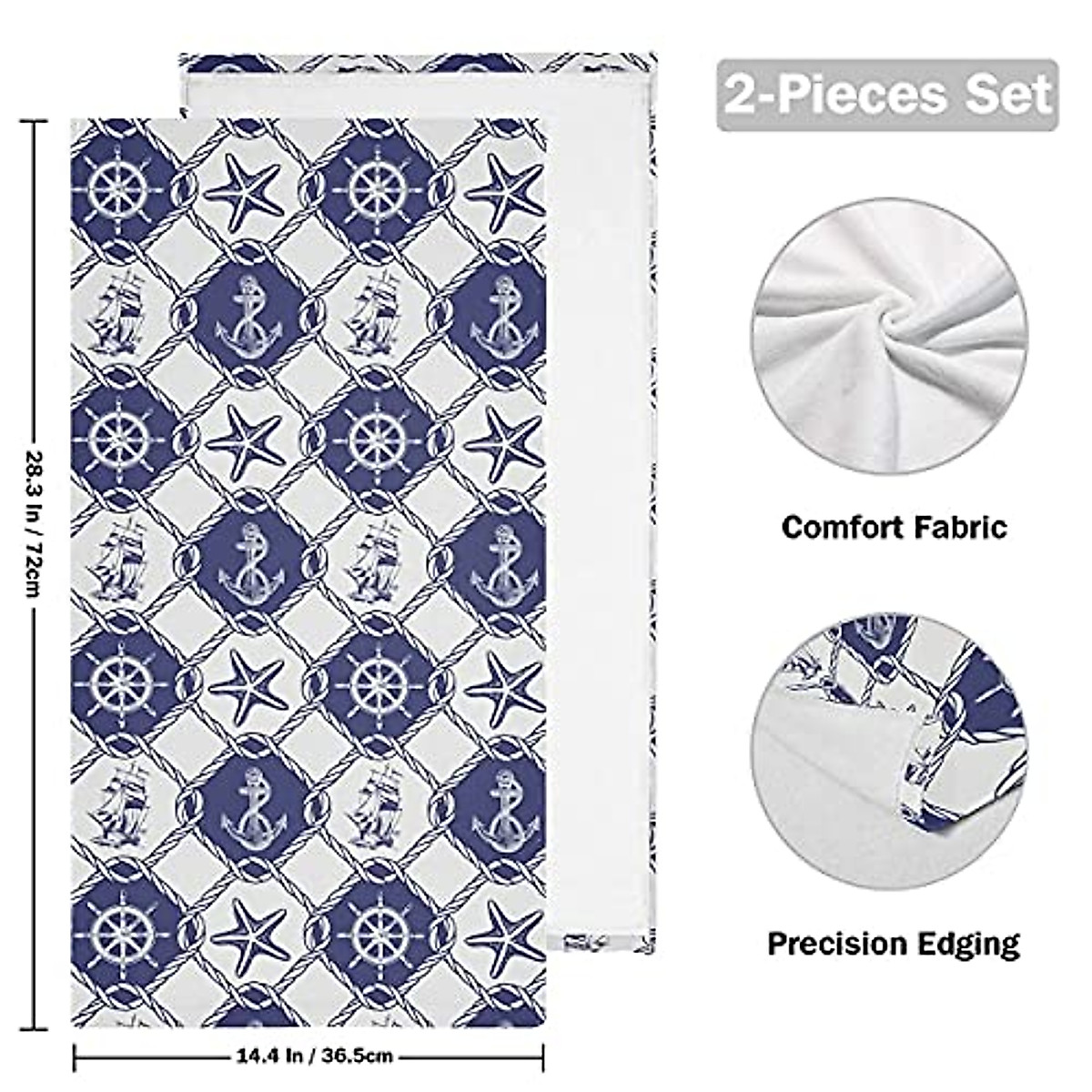 Nautical Sea Anchor Hand Towel Navy Blue Ship Boat Face Towel Set of 2, for Bathroom Kitchen Adult Man, Labor Day Columbus Day Gift