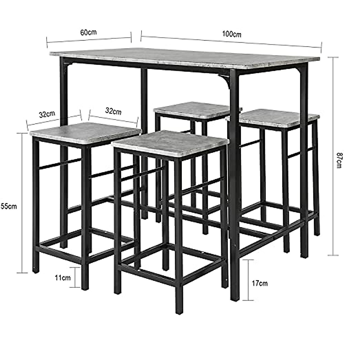 Haotian OGT11-HG, 5 Piece Dining Set, Dining Table with 4 Stools, Home Kitchen Breakfast Table, Bar Table Set, Bar Table with 4 Bar Stools, Kitchen Counter with Bar Chairs (Grey)