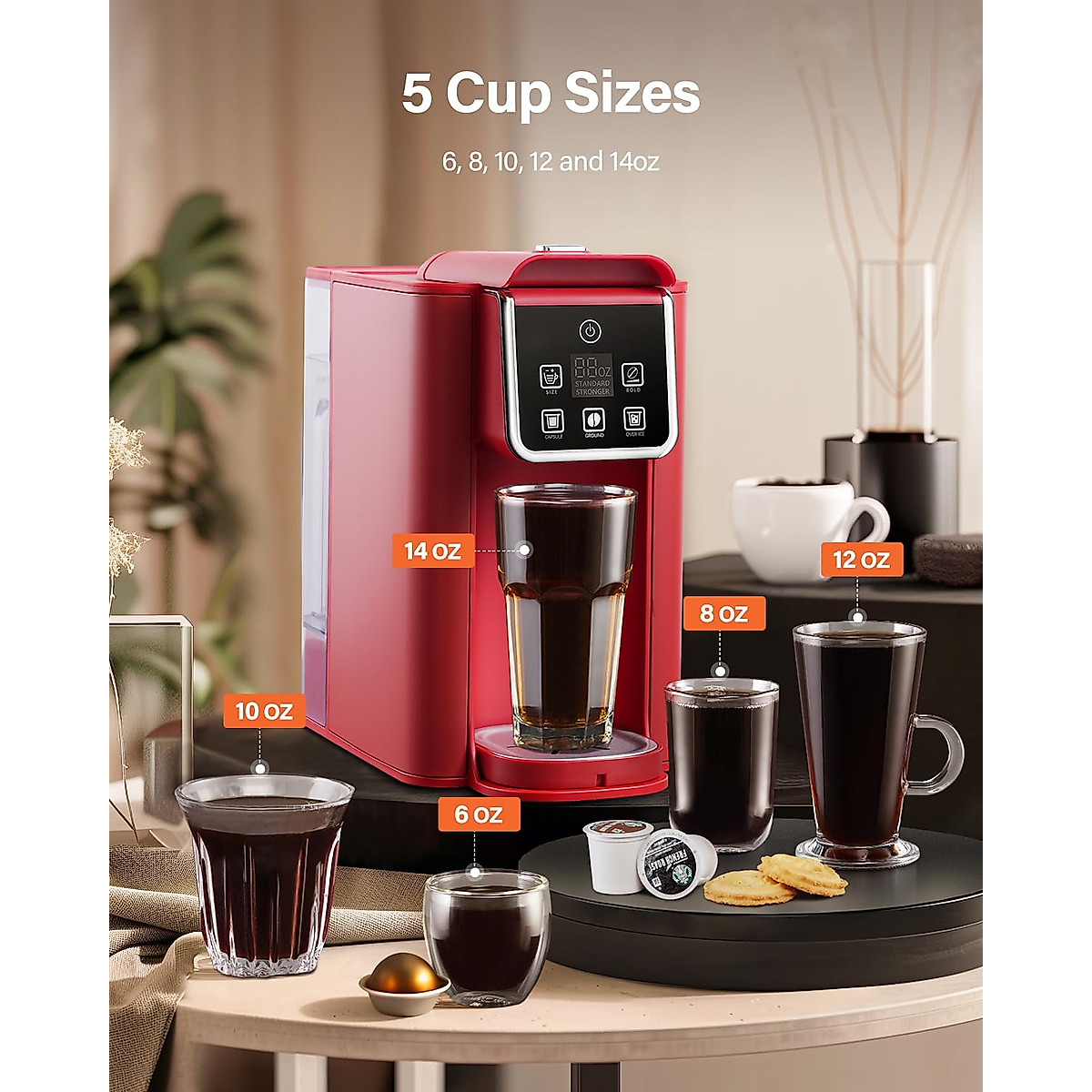SHARDOR Single Serve Coffee Maker, Hot and Iced Coffee Machine for K Cup Pods & Ground Coffee, 6 to 14 Oz Brew Sizes, with 50 oz Large Water Tank, Removable Drip Tray, Stainless Steel, Red
