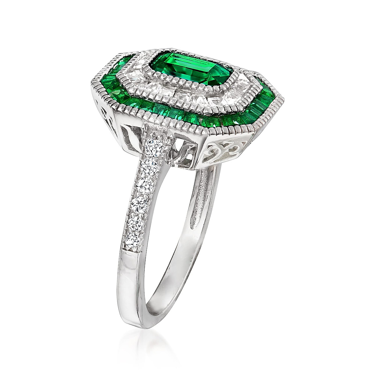 Ross-Simons 2.00 ct. t.w. Simulated Emerald and .77 ct. t.w. CZ Ring in Sterling Silver. Size 8