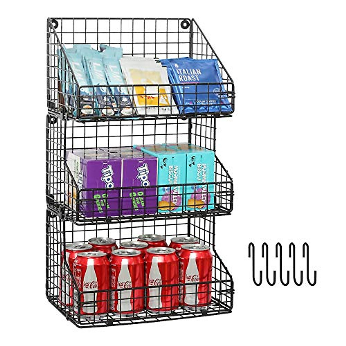 X-cosrack 3 Tier Stackable Tea Bag Organizer Large Size with 5 Hooks Metal Wire Basket Coffee Snack Rack Holder Countertop Caddy Bin Wall Mount Shelf for Office Kitchen Cabinet Pantry Patent Desgin, 11.8x7.8x22 inch