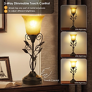 Bedside Lamps, Table Lamp with USB Port 3 Way Dimmable Touch lamp Torchiere Nightstand Lamps with Rustic Vines Leaf and Glass Flower Shade lamp for Bedroom, Living Room, Office