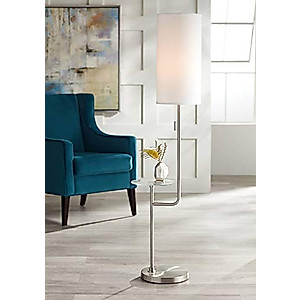 Possini Euro Design Piccolo Modern Floor Lamp with Tray End Table 60 1/2" Tall Brushed Nickel Silver Tempered Glass White Cylinder Shade Decor for Living Room Reading House Bedroom Office