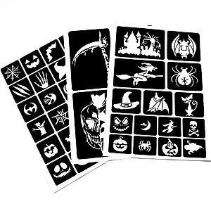 XMASIR 45Pcs Halloween Glitter Tattoo Stencil Kit for Kids,Halloween Pumpkin Stencils Temporary Tattoo Sticker Children Drawing Templates(3 Sheets)