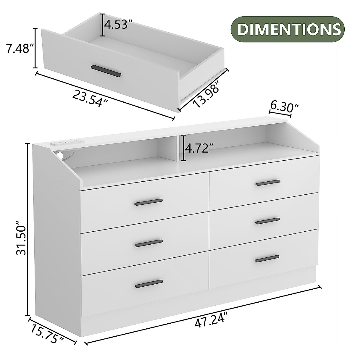 Gyfimoie 6 Drawer Dresser with Power Outlet, Chest of Drawers with LED Light, Modern Dresser with Open Storage Cubby, Double Wide Dresser Organizer for Bedroom, Living Room, Entryway, Hallway