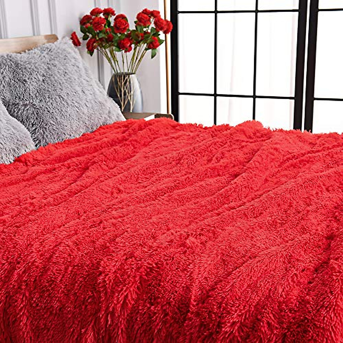 Homore Soft Fluffy Blanket Fuzzy Sherpa Plush Cozy Faux Fur Throw Blankets for Bed Couch Sofa Chair Decorative, 50''x60'' Red