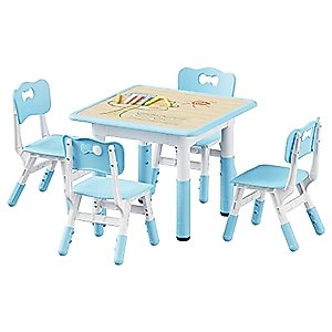 Brelley Toddler Table and Chairs Set for 4,Kids Study Table and Chair Set, Height-Adjustable, Graffiti Desktop, Children Activity Table for Daycare, Classroom, Home