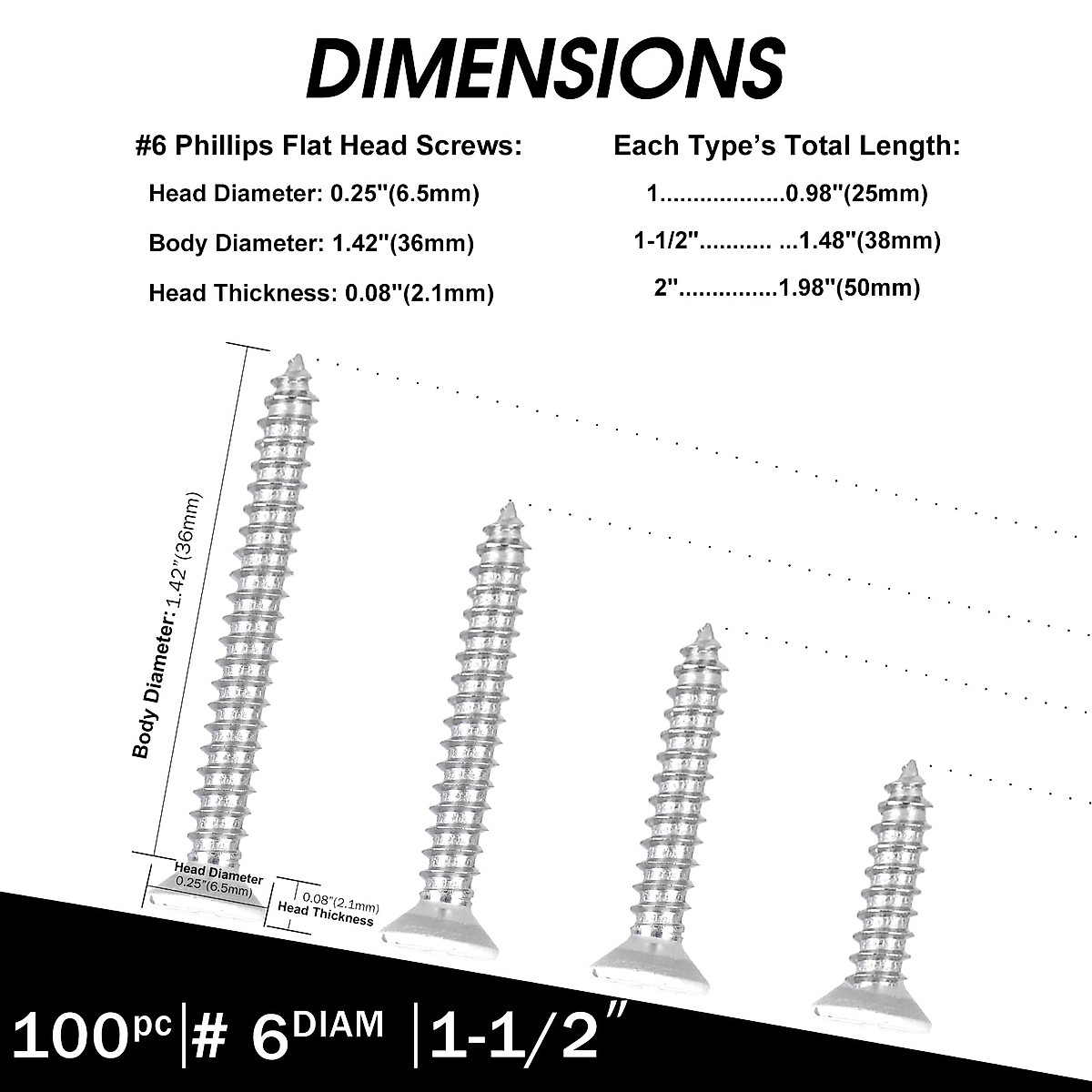 White Head 100 PCS #6X1-1/2(1.5 inch) Stainless Steel Phillips Flat Head Wood Screws,Stainless Steel 18-8 A2(304) Screw,Home Screw Kit by QISHENG