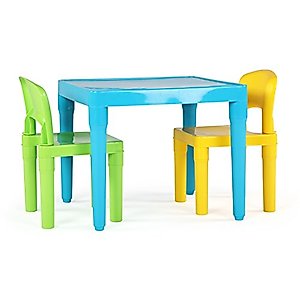 Humble Crew, Aqua Table & Green/Yellow Kids Lightweight Plastic Table and 2 Chairs Set, Square, Toddler