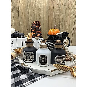 Halloween Decorations Indoor - Halloween Tiered Tray Decor - 3 pcs Glass Potion Bottles with 6pcs Stickers - Black and White Apothecary Bottles - Halloween Decorations for Party Home Table Kitchen