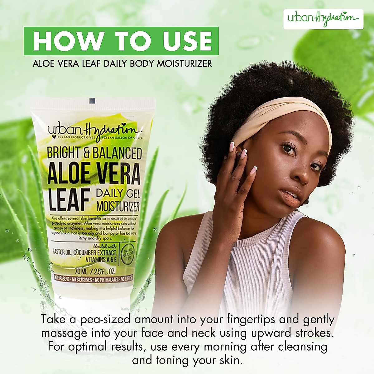 Urban Hydration Bright & Balanced Aloe Vera Leaf Facial Gel Moisturizer | Lightweight, Hydrates, Reduces Inflammation, Fights Acne, Anti-Aging Benefits For Smooth Skin, All Skin Types | 2.5 Fl Ounce