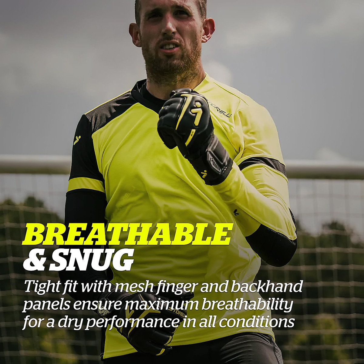 Storelli Gladiator Elite 3.0 Goalkeeper Gloves, Breathable High-Impact Hand Protection with 5 Removable Finger Spines, Premium Hand Grip for Soccer Goalies, 1 Pair, Black & Yellow, Size 9