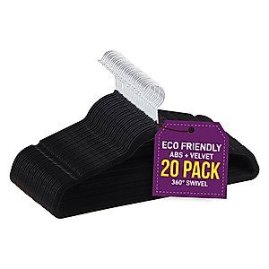 Lifemaster Velvet Non-Slip Plastic Hanger Set - 20 Pieces Non-Slip Clothes Hanger Set with 360° Swivel Hook, Space-Saving, Sleek Design, Smooth Velvet Finish, Lightweight Construction - Black