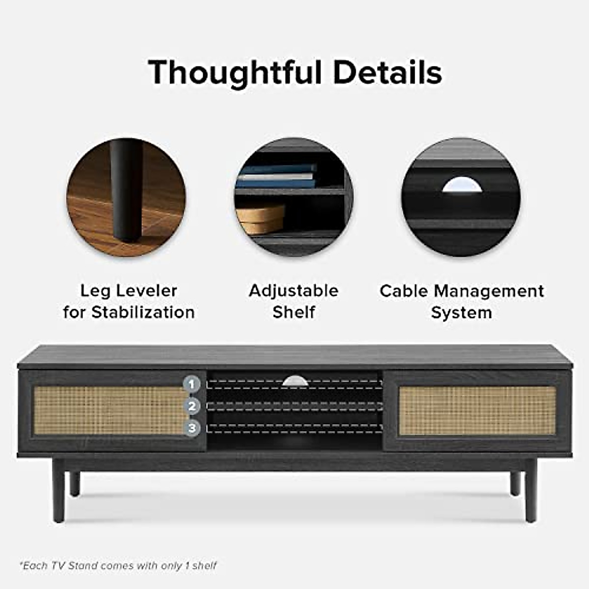 mopio Haylee Farmhouse Rattan 59" TV Stand, 100% Natural for 55/60 inch TV, Modern Farmhouse Boho with Rattan Sliding Doors, Adjustable Shelves, Includes Leveler (Charcoal)