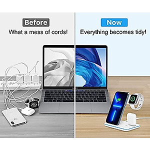 Charging Station for iPhone Multiple Devices, Foldable 3 in 1 Fast Charging Stand Dock for AirPods 3/2/1/Pro & iPhone 6-14 Series, Apple Watch Charger for Apple Watch Series with Adapter