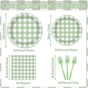 96 Pcs Sage Green Party Decorations Green Gingham Checkered Theme Tableware Set Green Plaid Plates Napkins Forks for Baby Shower Table Dinnerware Kids Boys Birthday Party Supplies 24 Guests