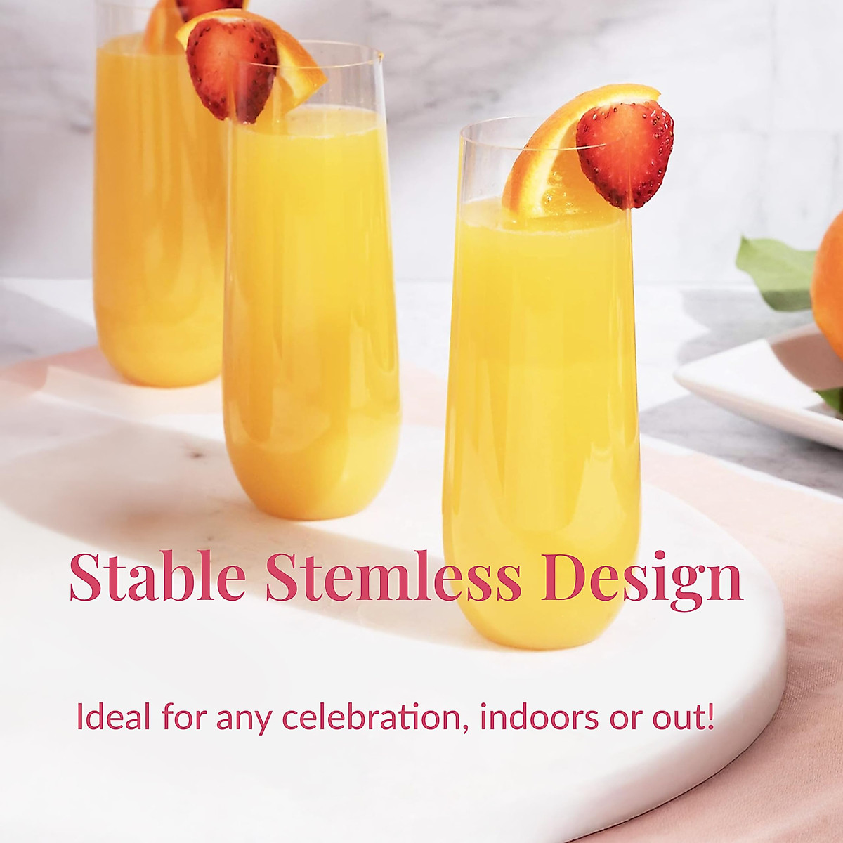 24pk Stemless Plastic Champagne Flutes - 9 Oz | Clear Plastic Wine Glasses | Shatterproof Mimosa Bar Supplies | Disposable Cocktail Glasses | New Years Eve Party Supplies 2023