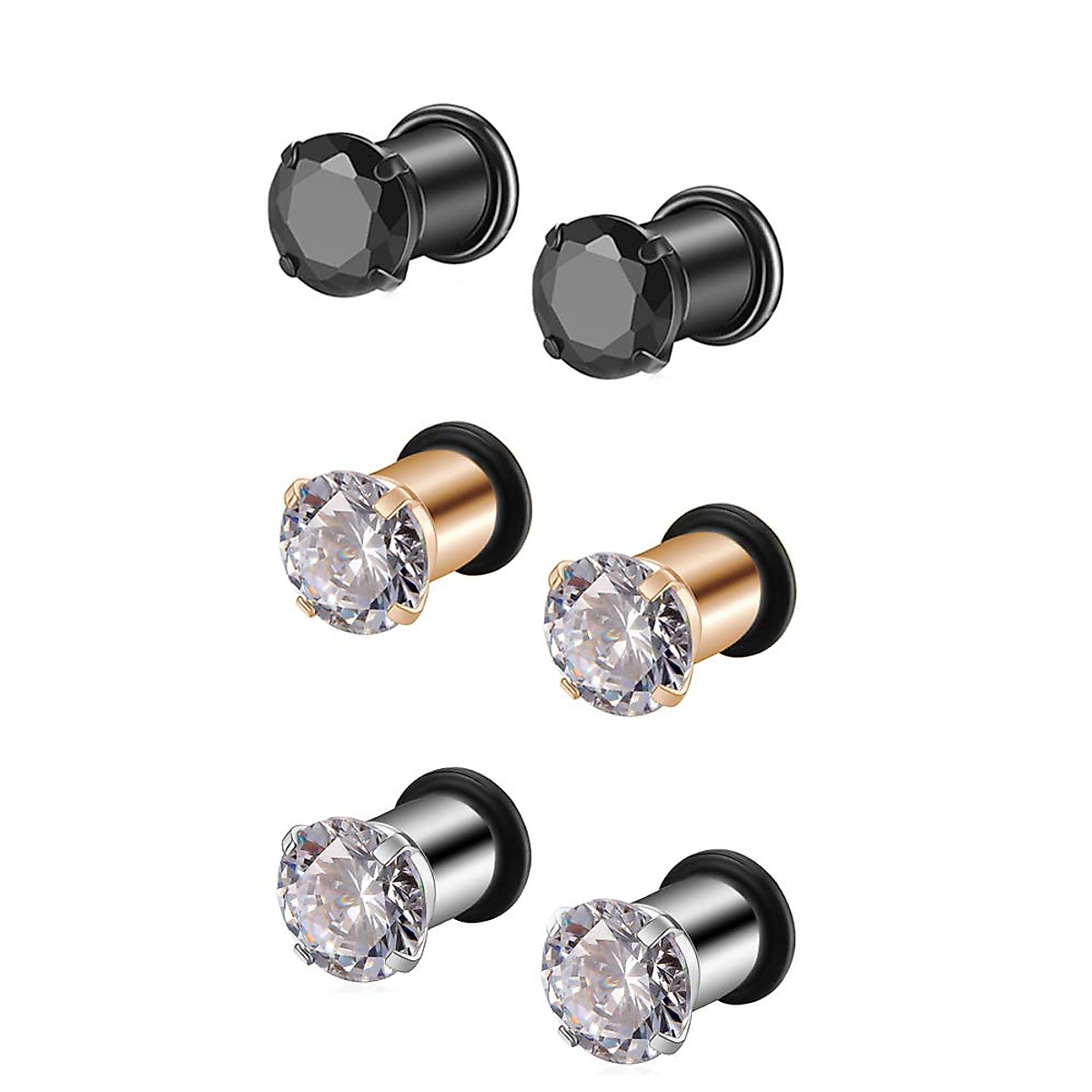 3Pairs Lightweight Ear Gauges Plugs Tunnels 2G/6mm 316L Stainless Steel Prong Setting Clear/Black CZ Ear Stretcher Expander Plugs with Rubber O-Rings (A01:3Pairs(2G=6mm))