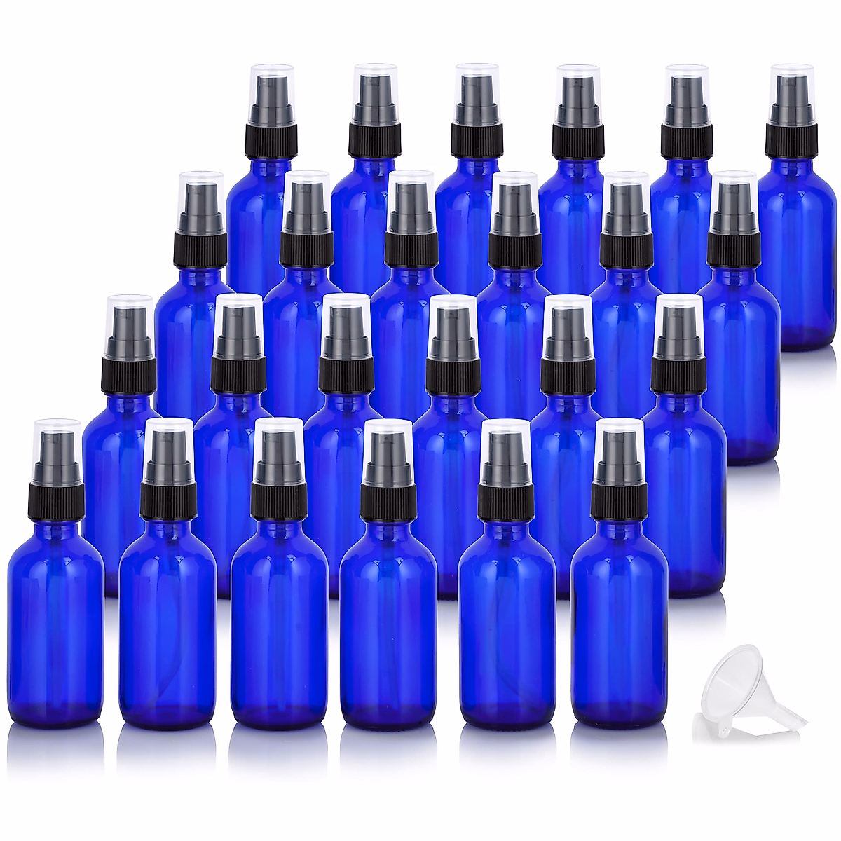 JUVITUS 2 oz Cobalt Blue Glass Boston Round Black Treatment Pump Bottle (24 Pack) + Funnel and Travel Size Foamer for Soap