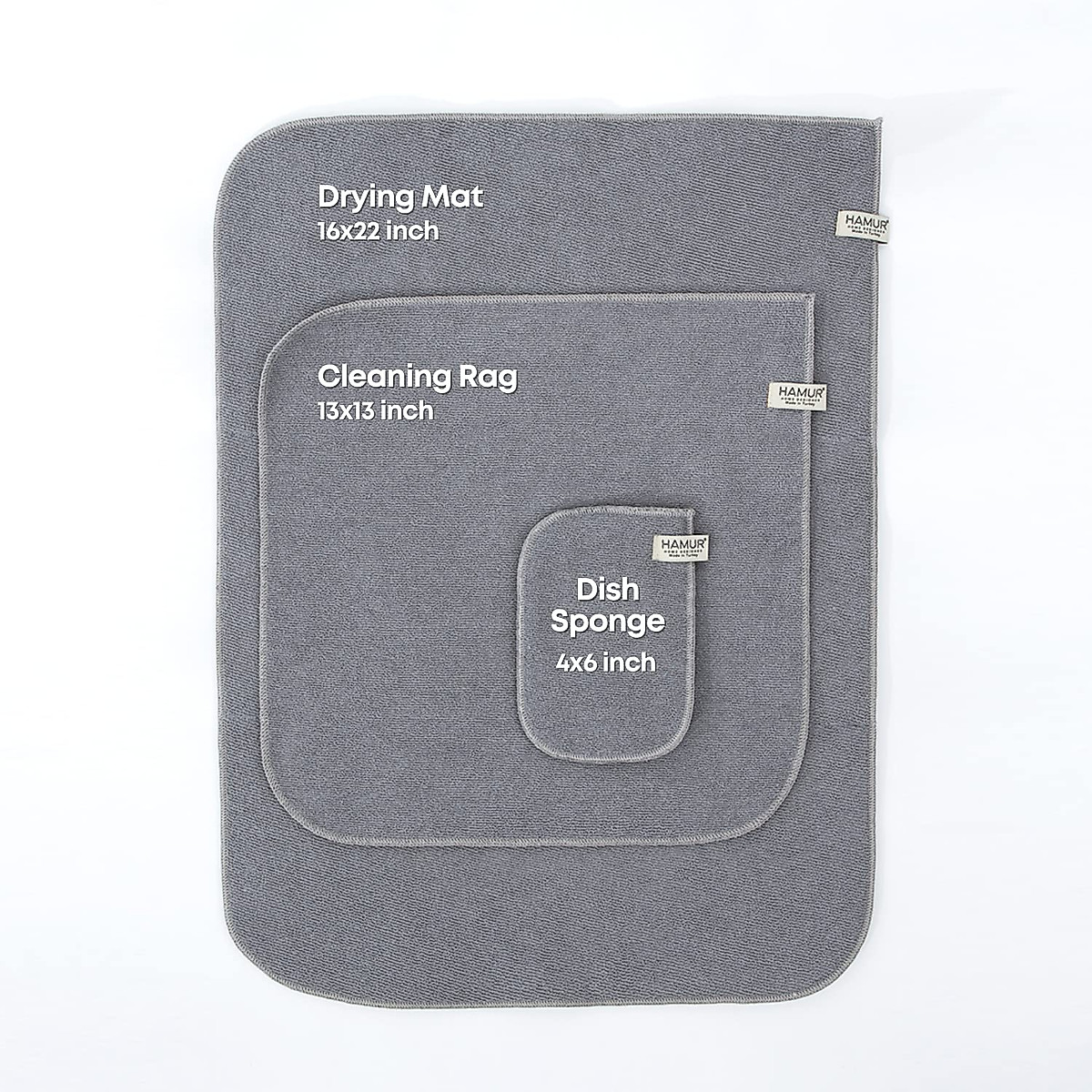 HAMUR Kitchen Dish Drying Mat 3-Set, Super Absorbent Drainer Mats for Kitchen Counter, Multiuse Draining dishes Pad with cleaning rug & dish sponge, under dish rack & sink pad