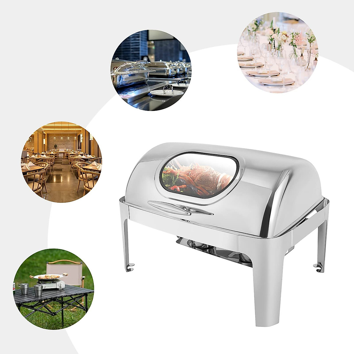 Roll Top Chafing Dish Buffet Set 9L/9.54Qt Stainless Steel Buffet Chafing Server Set Rectangular Buffet Chafer and Food Warmer for Catering Event Parties,25.2 * 18.11 * 17.32in (with Visible Window)