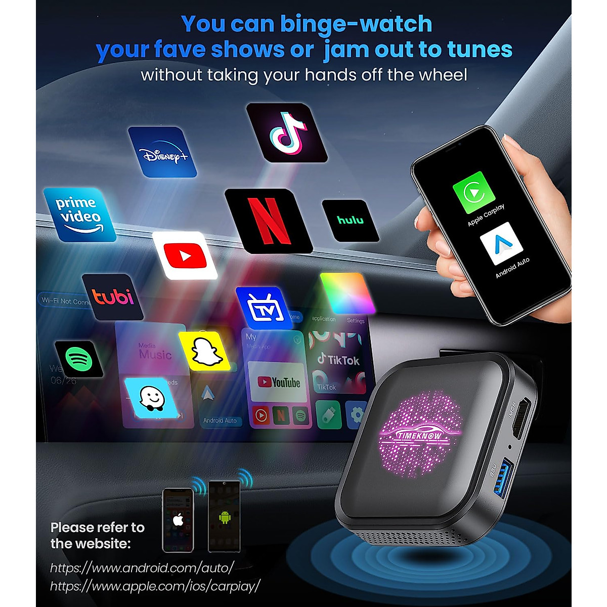 Wireless Carplay & Android Auto Adapter with Netflix YouTube Tiktok, Upgrade LED Wireless Android Auto Adapter HDMI Dongle for Phone to Miracast/Stream Media to Car/TV, for OEM Wired CarPlay Car