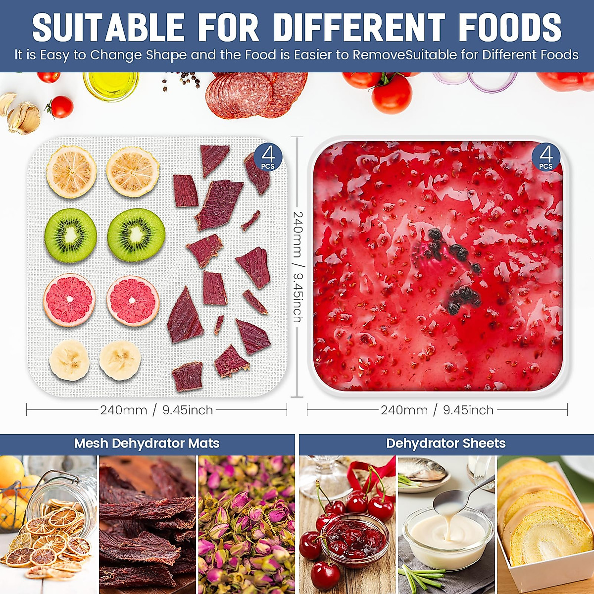 4 Pcs Silicone Food Dehydrator-Trays with Edge, 4 Pcs Mesh Dehydrator Mats,Reusable Non Stick Silicone Dehydrator Sheets (9.45x 9.45in) for Liquids,Fruit Leather,Herbs,Meat and Yogurt