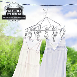 Pro Chef Kitchen Tools Laundry Drying Rack - Rectangle Hanging Clothes Dryer with 18 Clothes Pins - Hangers with Clips - Retractable Clothesline - Mitten Drying Rack - Indoor Outdoor Laundry Hanger