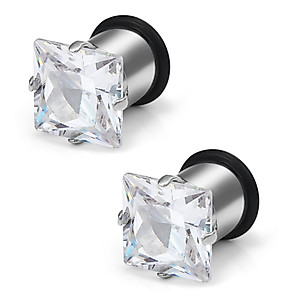 Ruifan 316L Surgical Steel Single Flare Prong Set Clear Square CZ Ear Stretcher Expander Plugs Piercing Gauge with O-Ring 0G(8mm)- Sold As a Pair