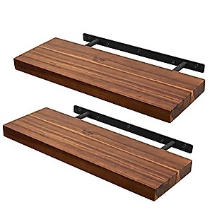 BATODA 17" Acacia Wood Floating Shelves Wall Mounted for Bathroom – Rustic Farmhouse Wooden Wall Storage Shelf for Bed Room, Kitchen, Home Décor - Brackets Included - 17 x 6 x 1.2 Inch - (Set of 2)