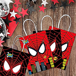 20Pcs Hero Party Treat Bags with Handles,Large Thick Kraft Double Sided Spider Web Printed Durable Gift Goodie Treat Candy Bags for Kids Boys Hero Theme Spider Birthday Party Supplies and Decorations
