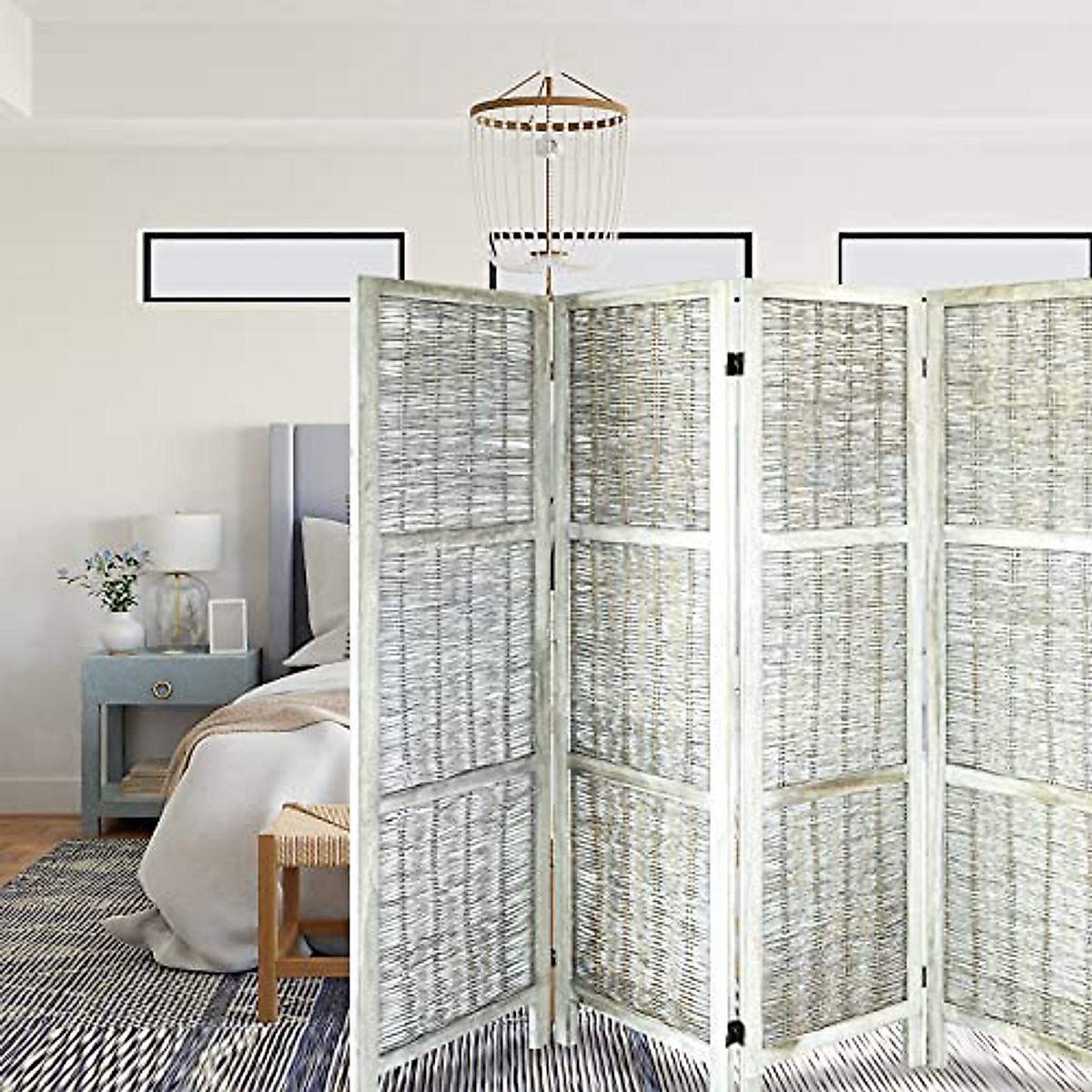 Babion 4 Panel Room Divider, Grass Willow Hand-Woven Screen, Room Dividers and Folding Privacy Screens, Modern Wall Dividers Room Bedroom Decoration, Dividers for Home Office -Grey