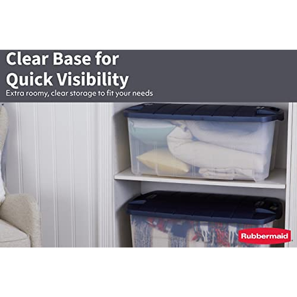 Rubbermaid 28 Gallon Jumbo Clear Tote, Stackable, Large Capacity, Home, Garage, and Office Storage Organizers, Durable Snap-Tight Lids, Clear Bins/Dark Indigo Metallic Lids, Pack of 2