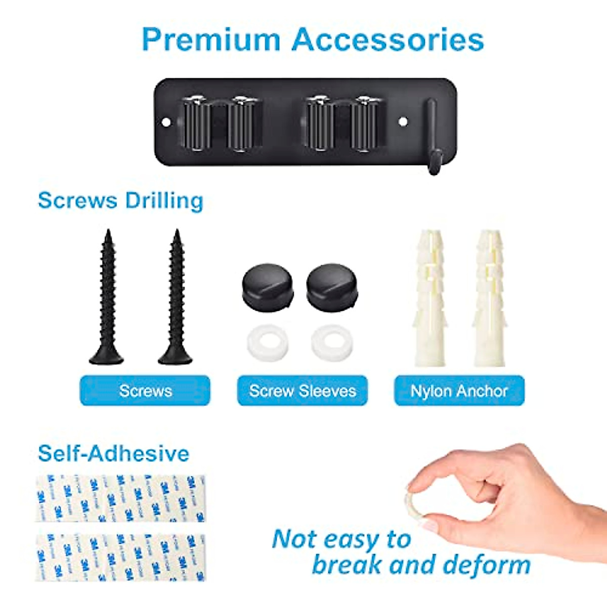 Kozci 2 Pack Broom Holder Wall Mount, Anti-Slip Mop Holder Broom Organizer Wall Mount Self Adhesive Stainless Steel Tool Storage Rack Broom Hanger for Kitchen Garden Garage (2 Racks 1 Hook)