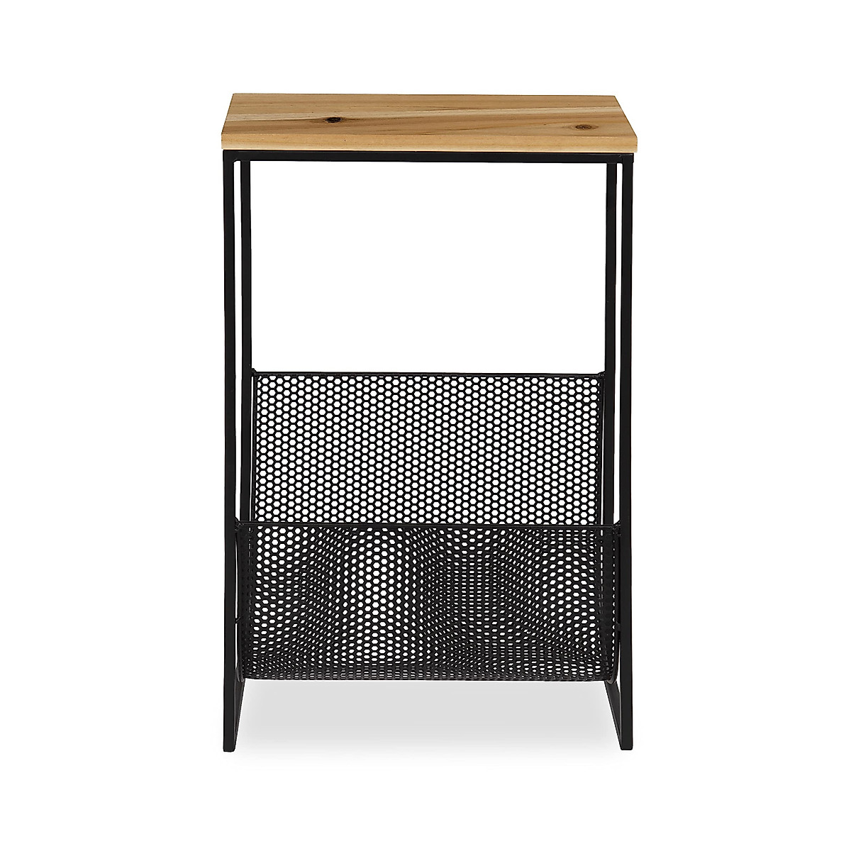 Kate and Laurel Galen Accent Side Table and Magazine Rack with Natural Wood Top and Black Metal Base
