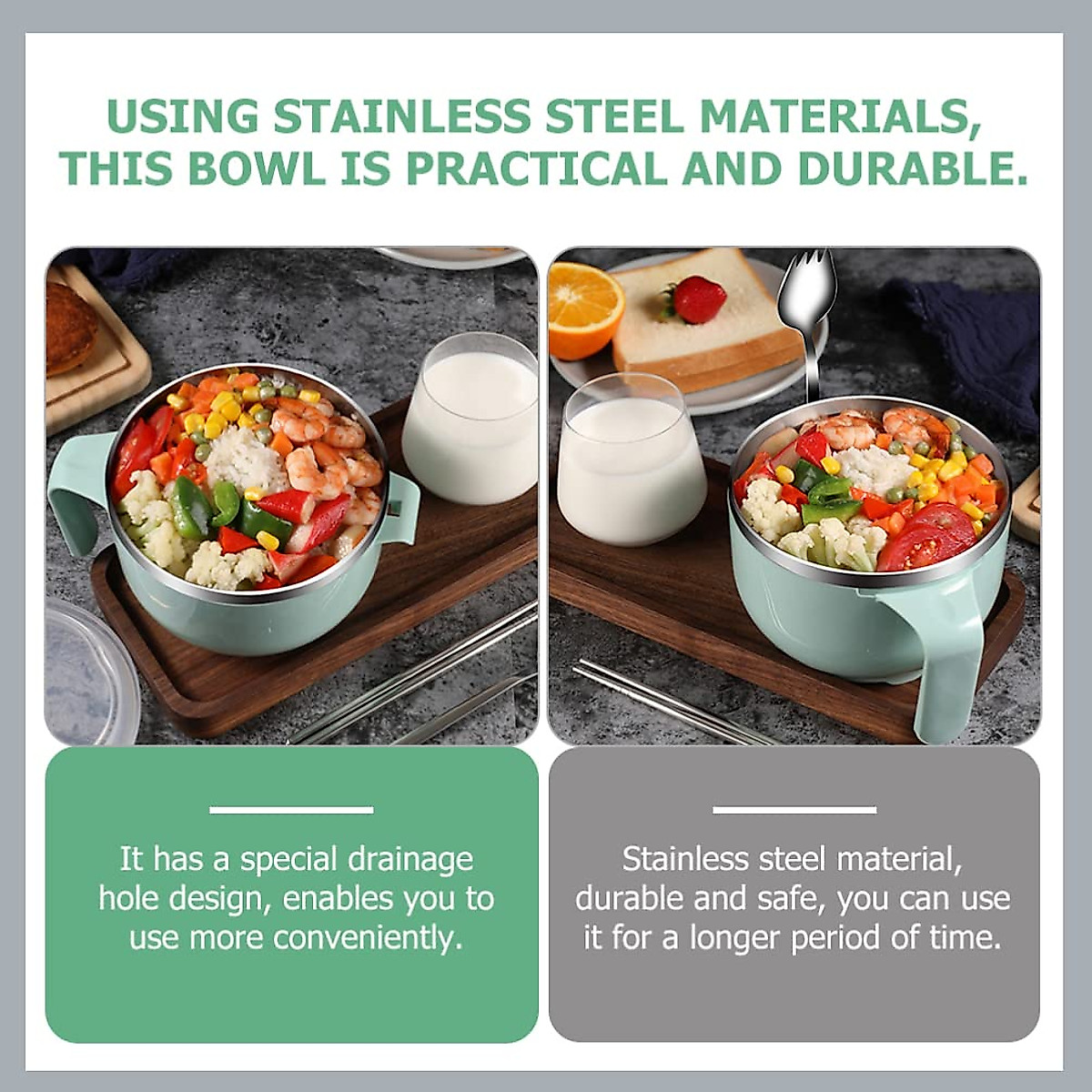 LIFKOME Microwavable Bowls Soup Bowls Stainless Ramen Bowl with Lid Handle 40 OZ Large Instant Noodle Bowl Salad Bowl with Spoon for Soup, Noodles, Ramen Green Simple Modern