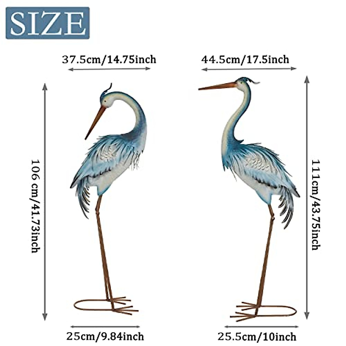 TERESA'S COLLECTIONS Large Blue Heron Garden Statues, 41.7-43.7 inch Standing Crane Sculpture Metal Yard Art Bird Decor Lawn Ornaments for Outdoor Patio Porch Outside Decorations, Set of 2