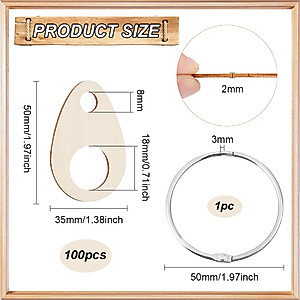 BENECREAT 100pcs Teardrop Wood Thread Drops, 1.9x1.3inch Wood Cross Stitch Thread Organization with Floss Ring for Craft DIY Sewing Storage, 2mm Thick